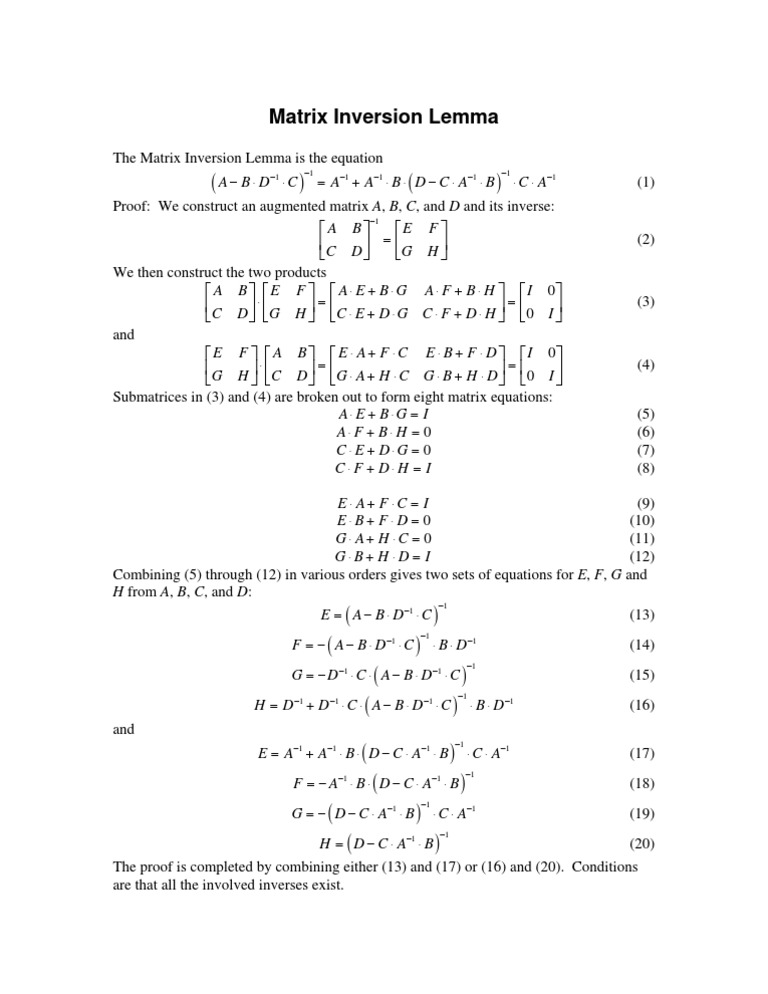 Matrix Inversion Lemma | PDF