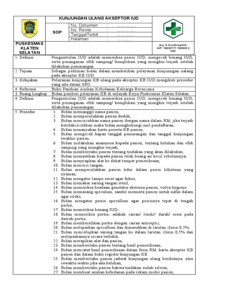 SOP Kunjungan Ulang Akseptor KB IUD | PDF