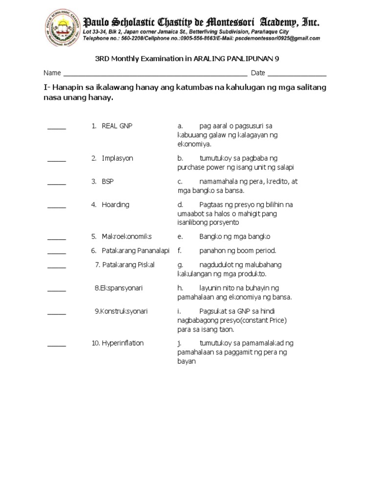 3RD Mastery Examination in ARALING PANLIPUNAN 9 | PDF