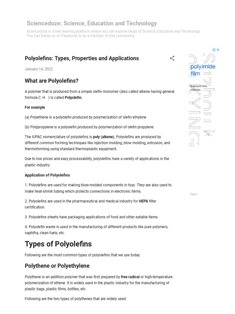 Polyolefins - Types, Properties and Applications | PDF | Polyethylene | Polyolefin
