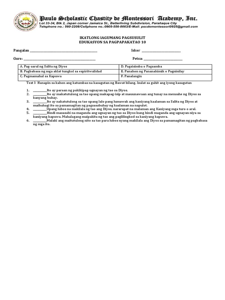 3RD Mastery Examination ESP 10 | PDF