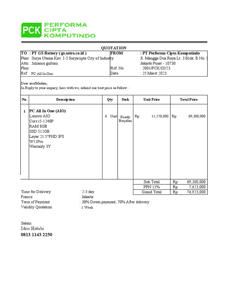 Quotation TO: PT GS Battery (Gs - Astra.co - Id) From: PT Performa ...