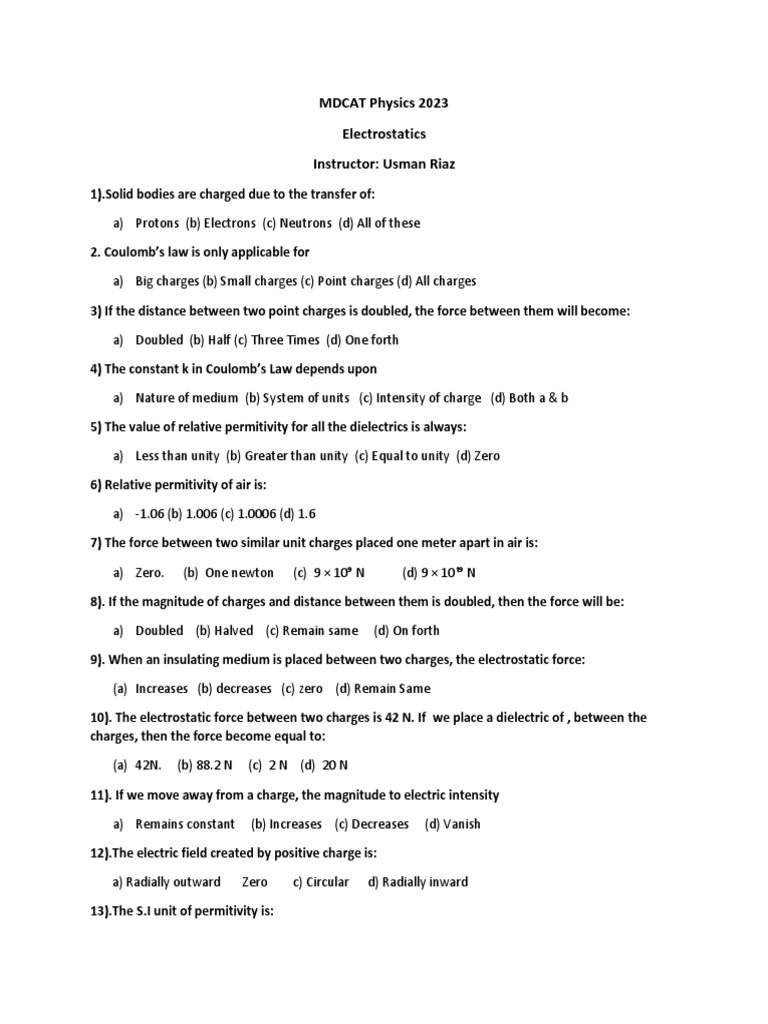 Electrostatics MDCAT | PDF
