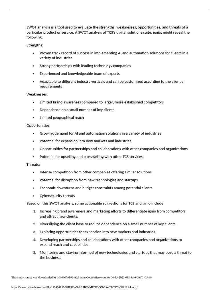 Shrivas Assignment On Swot TCS Giriraj | PDF | Swot Analysis | Computer ...