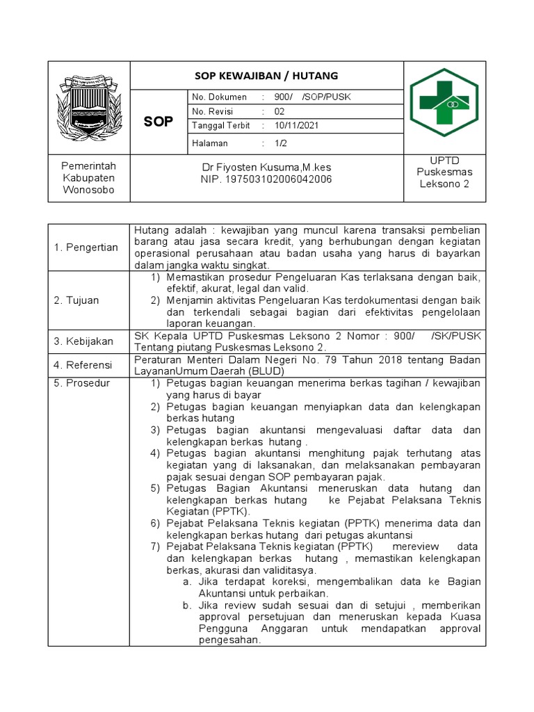 SOP Hutang Puskesmas Leksono 2 | PDF