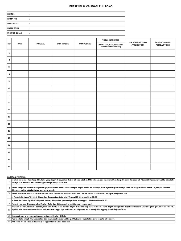 Form Presensi PHL Toko | PDF