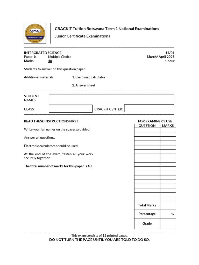 JCE Intergrated Science F3 Paper 1 | PDF | Carbon | Density