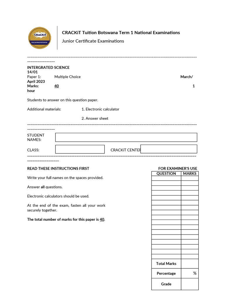 JCE General Science Paper 1 | PDF | Carbon | Density