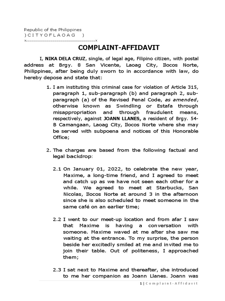 Complaint Affidavit Dela Cruz vs. Llanes | PDF | Fraud | Trust Law