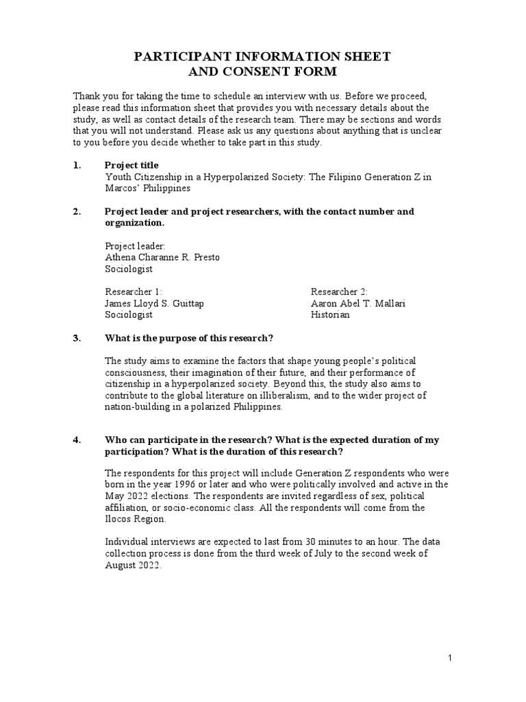 Participant Information Sheet and Consent Form | PDF | Focus Group