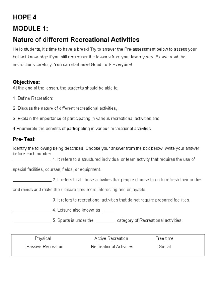 Hope 4 Module 1 | PDF | Recreation | Psychology