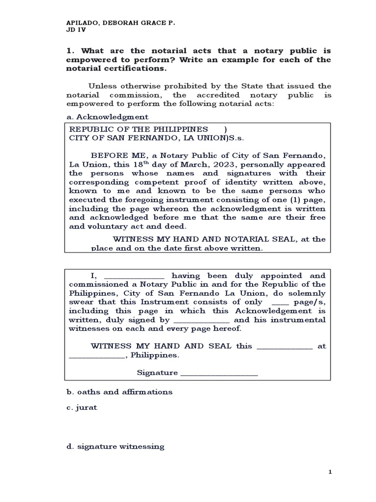 Notarial Acts and Special Documents: Examples of Notarizations for ...