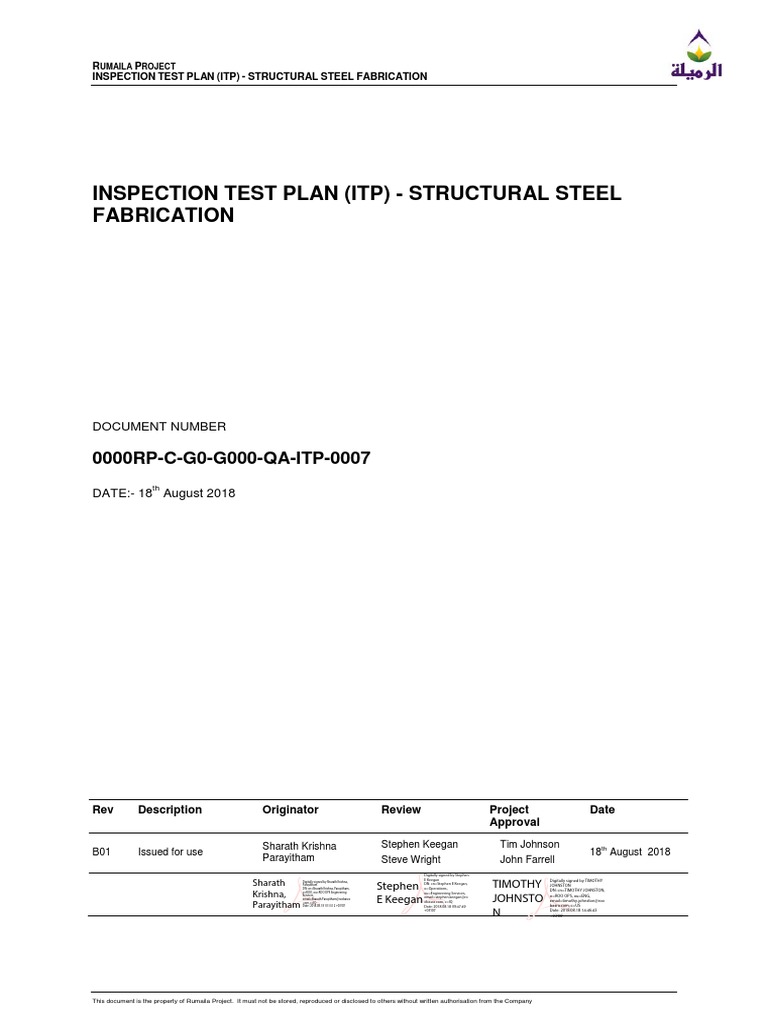 Inspection Test Plan (Itp) - Structural Steel Fabrication: 0000RP-C-G0 ...