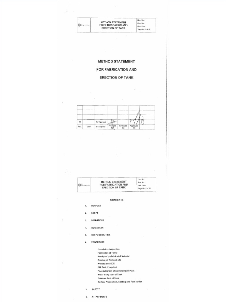 Method Statement For Fabrication and Erection of Tanks | PDF Method Statement For Fabrication and Erection of Tanks | PDF