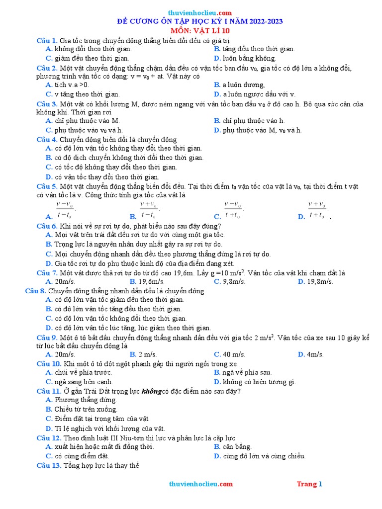 De Cuong On Tap Ly 10 HK1 KNTT | PDF