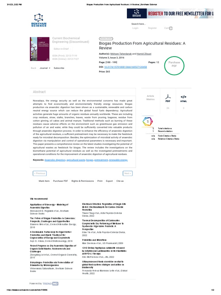 Biogas Production From Agricultural Residues - A Review - Bentham Science | PDF | Biogas ...