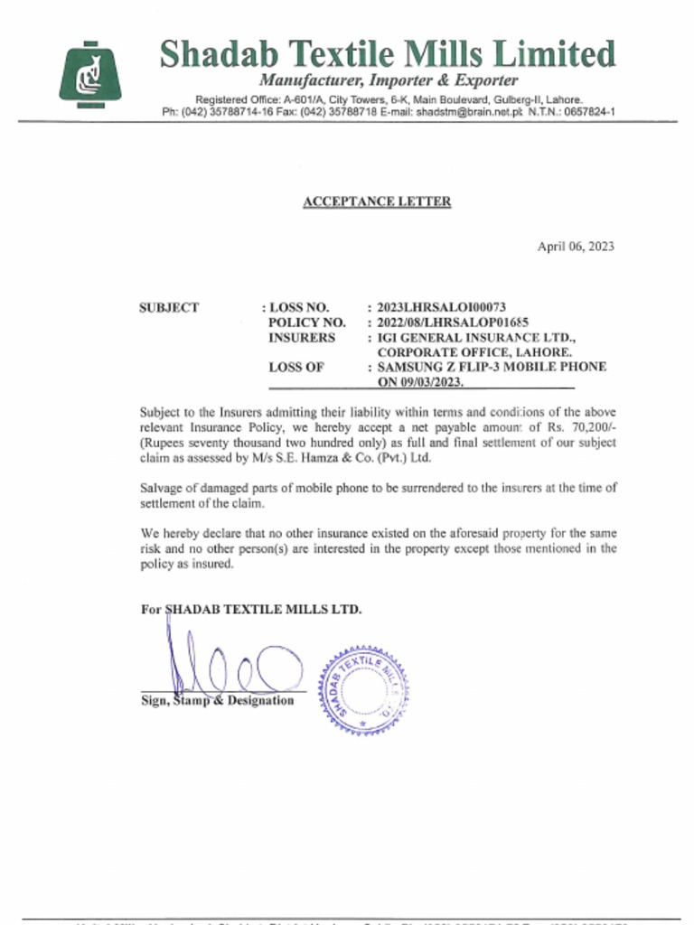 Insurance Claim Acceptance Letter | PDF