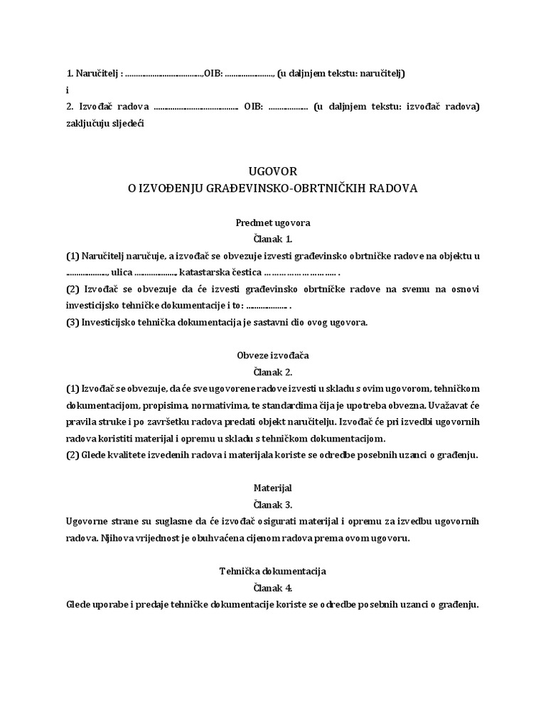 Ugovor O Izvođenju Građevinsko-Obrtničkih Radova | PDF