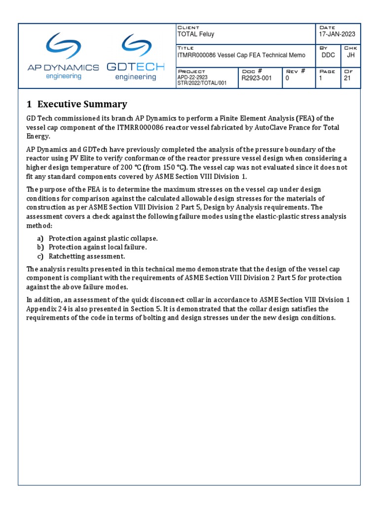 R2923-001 Vessel Cap FEA Technical Memo Rev 0 | PDF | Plasticity (Physics) | Deformation ...