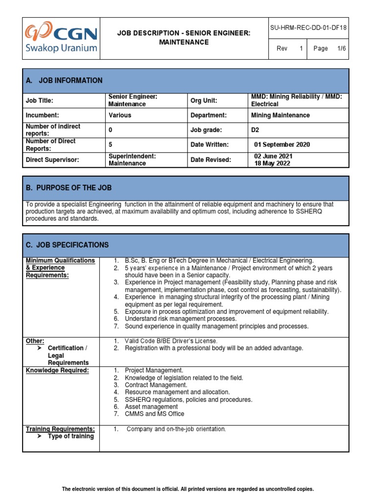 Job Description Senior Engineer - Maintenance - Reliability | PDF ...