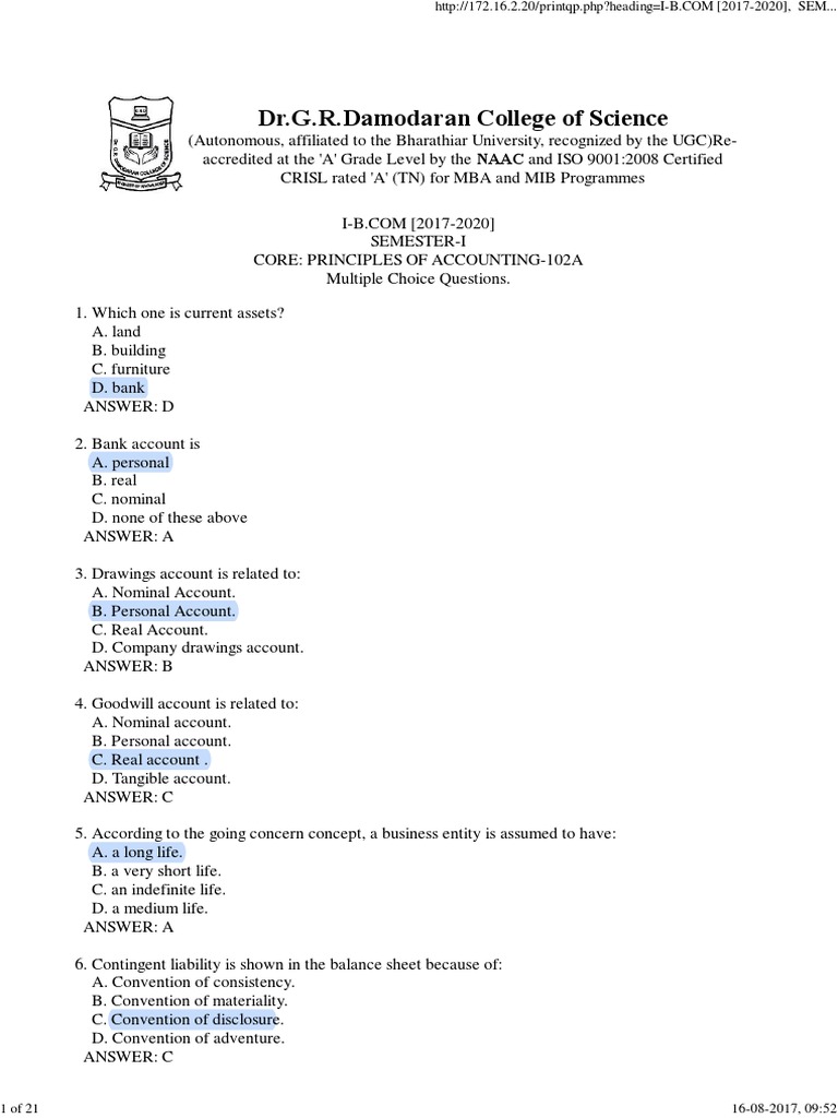 MCQ Principles of Accounting-1 | PDF