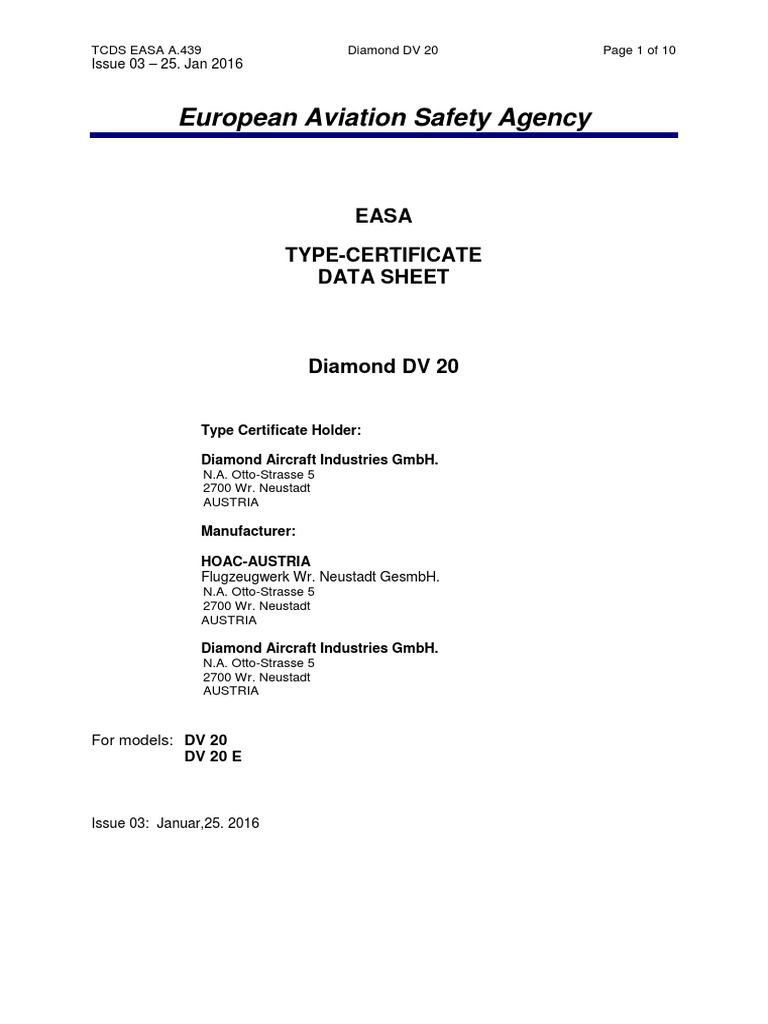 EASA Type Certificate: Diamond DV 20 | PDF | Vehicles | Aeronautics