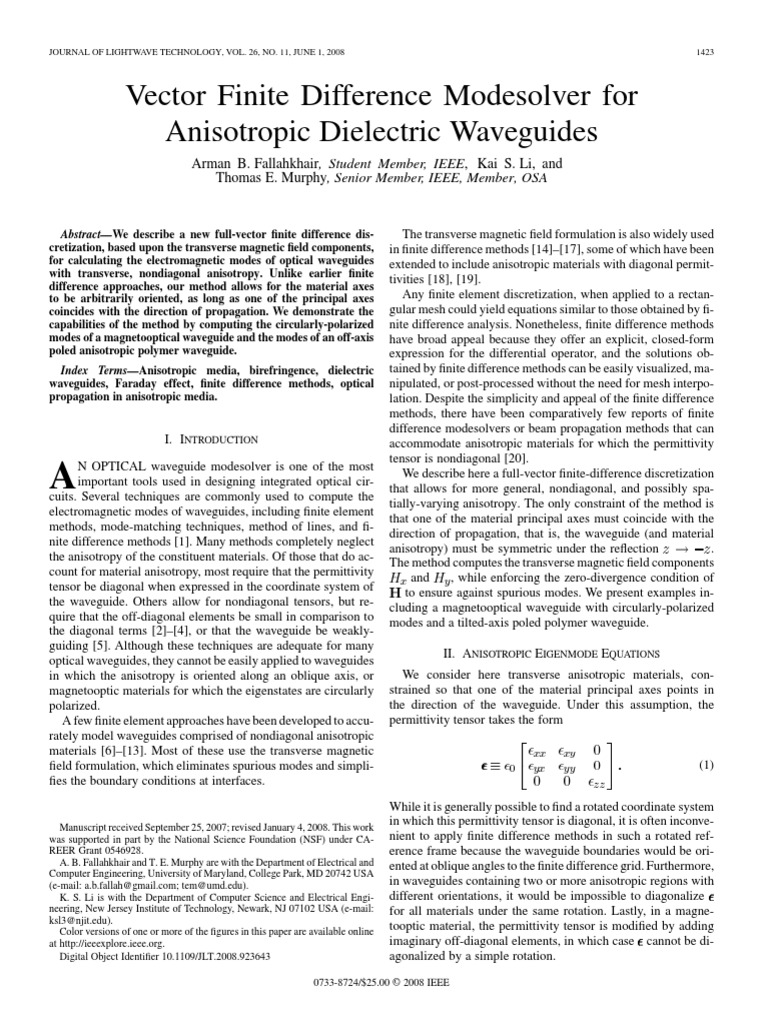 Vector Finite Difference Modesolver for Anisotropic Dielectric Waveguides | PDF | Chemistry ...