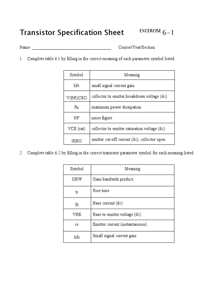 Transistor Specification Sheet - EXCERCISE 6 | PDF | Bipolar Junction ...
