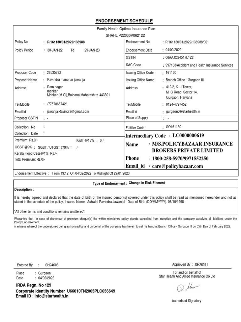 Endorsement Schedule: LC0000000619 Intermediary Code Name M/S ...