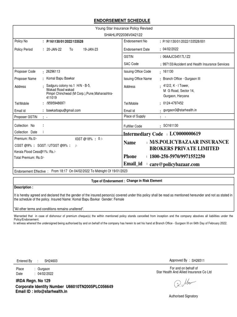 Endorsement Schedule: LC0000000619 Intermediary Code Name M/S ...