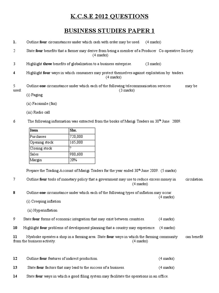 2012 Kcse Business Paper 1 | PDF | Trade | Economies