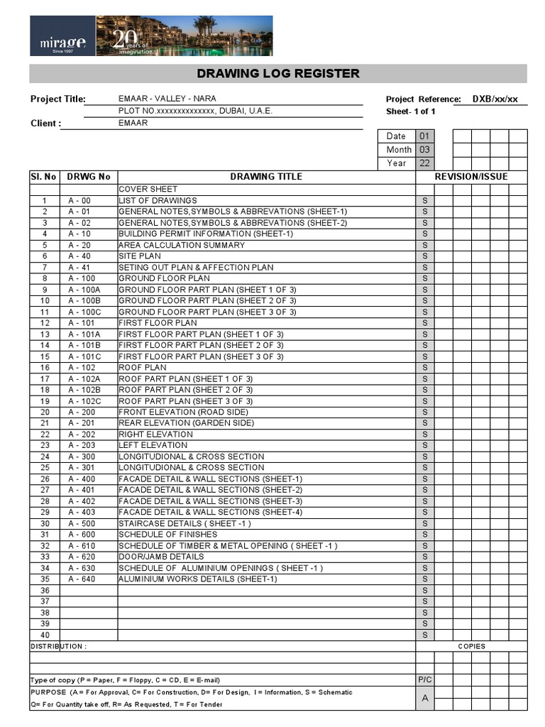Drawing Log Register: Project Title: DXB/XX/XX Client | PDF | Wall ...