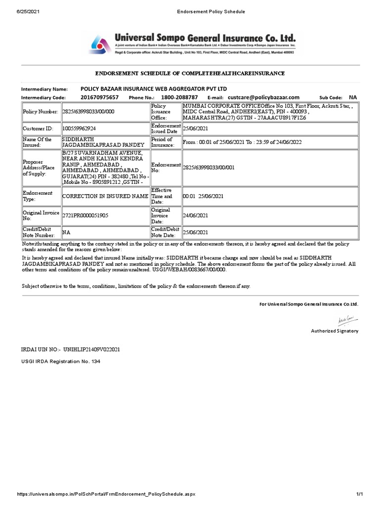 Endorsement Policy Schedule Sid | PDF | Service Industries | Financial Services