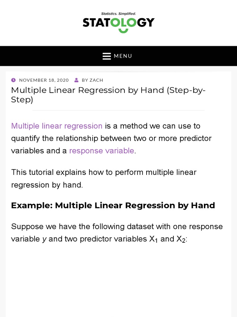 Multiple Linear Regression by Hand (Step-by-Step) - Statology | PDF