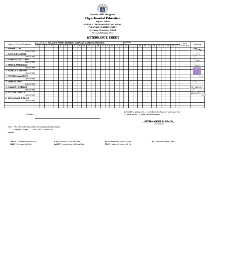 Department of Education: Attendance Sheet | PDF | Leave Of Absence | Labor