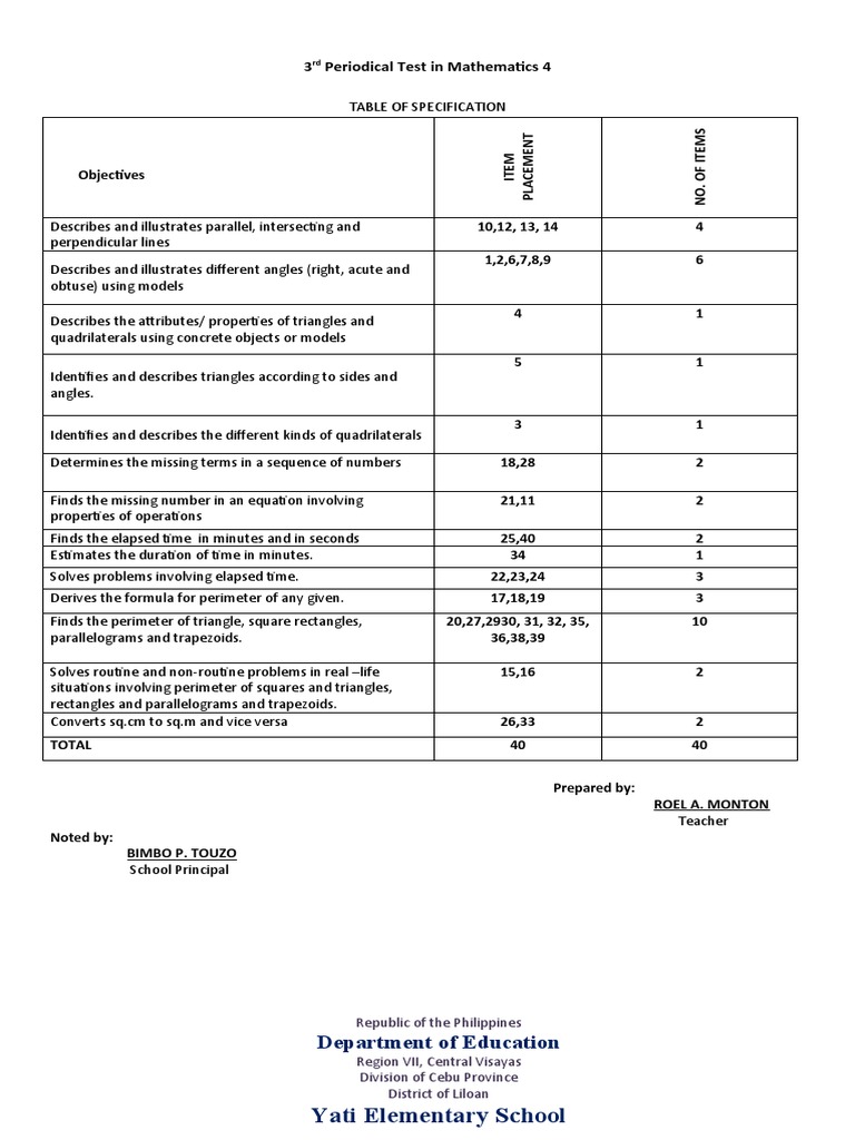 3rd Periodical Test in Math 4 With TOS - Edited | PDF | Elementary ...