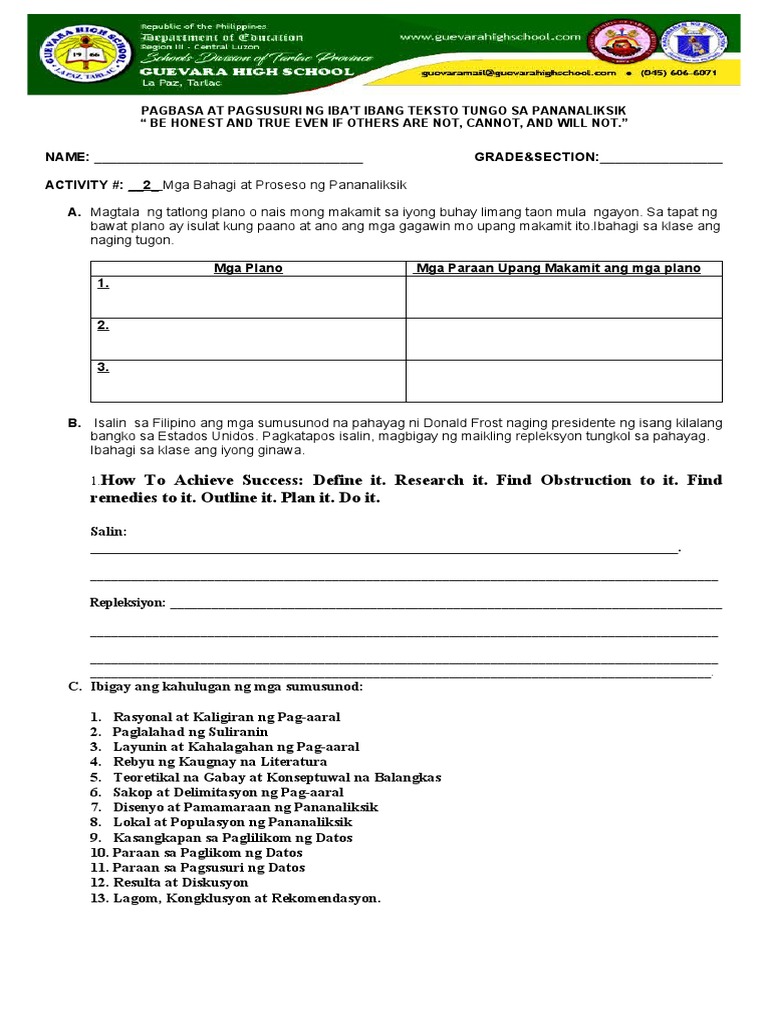 Activity Sheet Sa Pagbasa at Pagsusuri | PDF