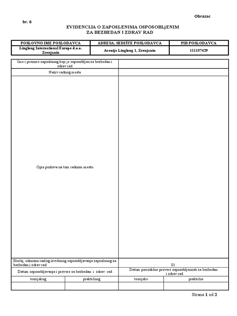 Obrazac: Br. 6 Evidencija O Zaposlenima Osposobljenim Za Bezbedan I Zdrav Rad | PDF