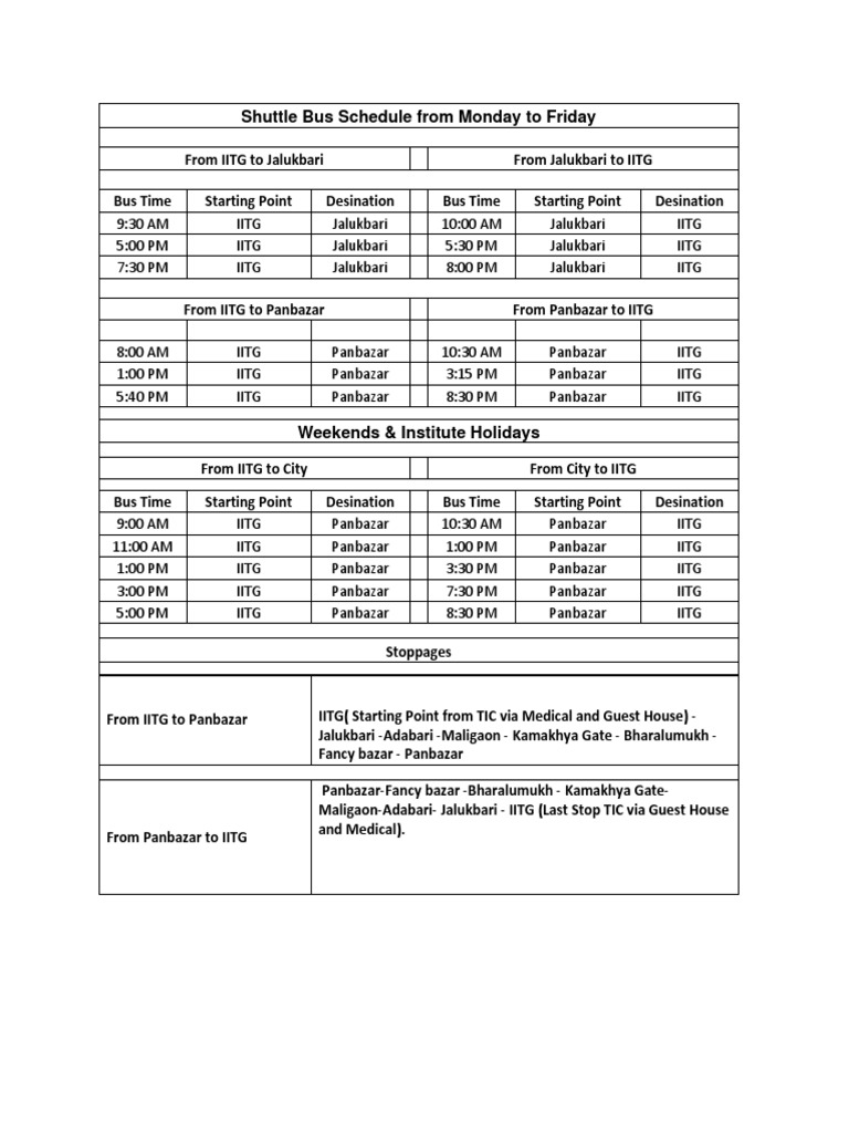 IITG Shuttle Bus Schedule and Stoppages | PDF