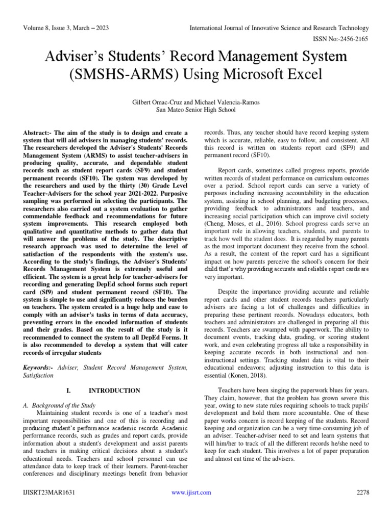 Adviser’s Students’ Record Management System (SMSHS-ARMS) Using ...