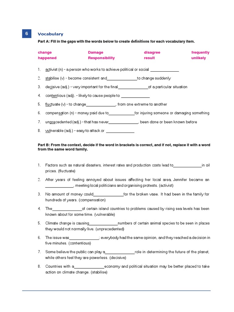Vocabulary: Part A: Fill in The Gaps With The Words Below To Create ...
