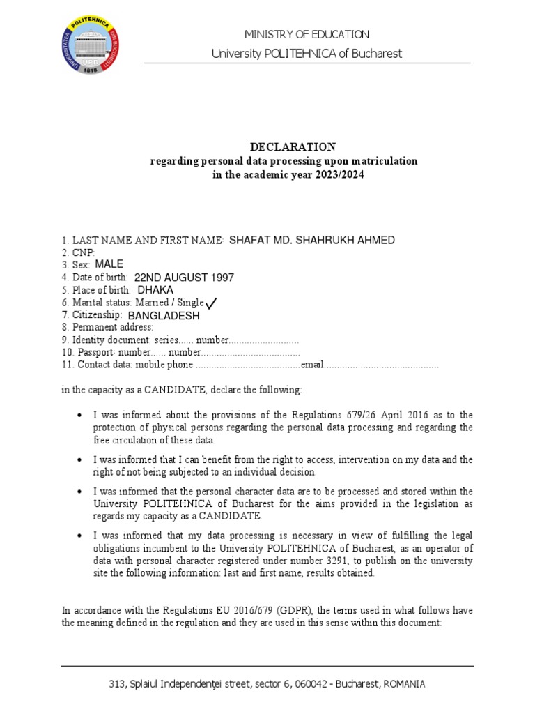 Declaration Regarding Personal Data Processing Upon Matriculation in The Academic Year 2023/2024 ...