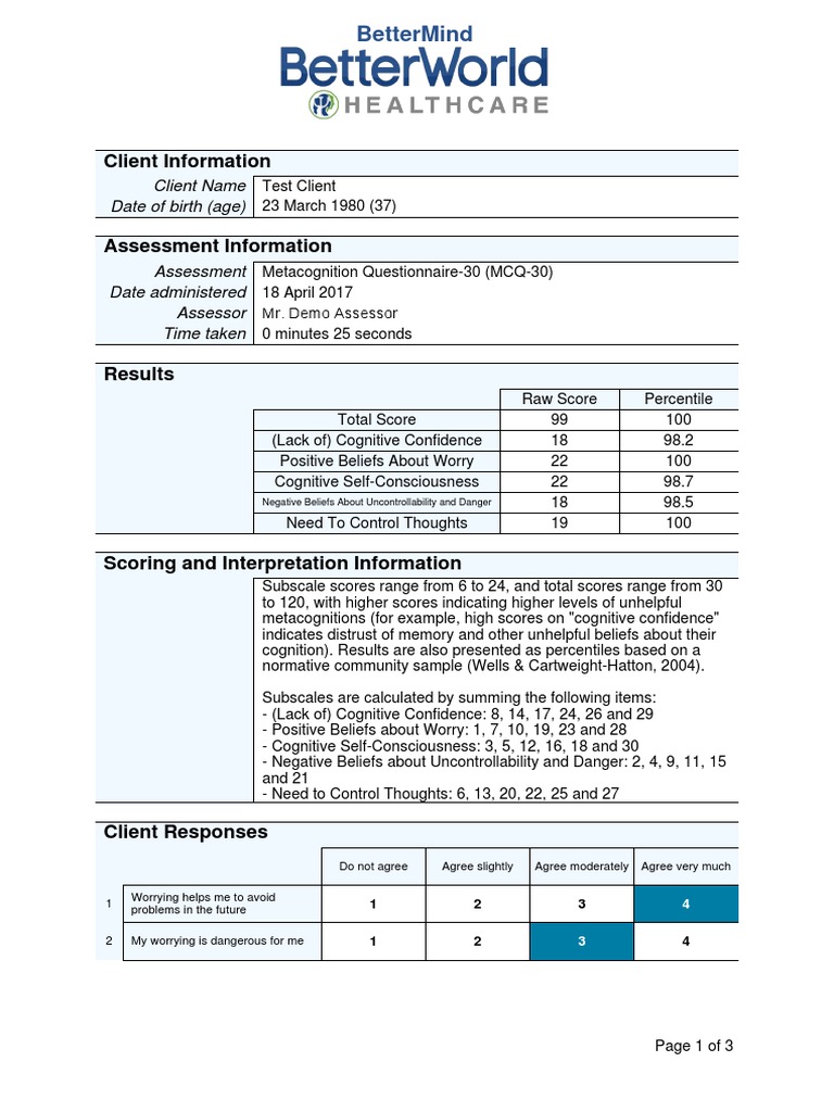 Metacognition Questionnaire 30 MCQ 30 | PDF | Thought | Metacognition