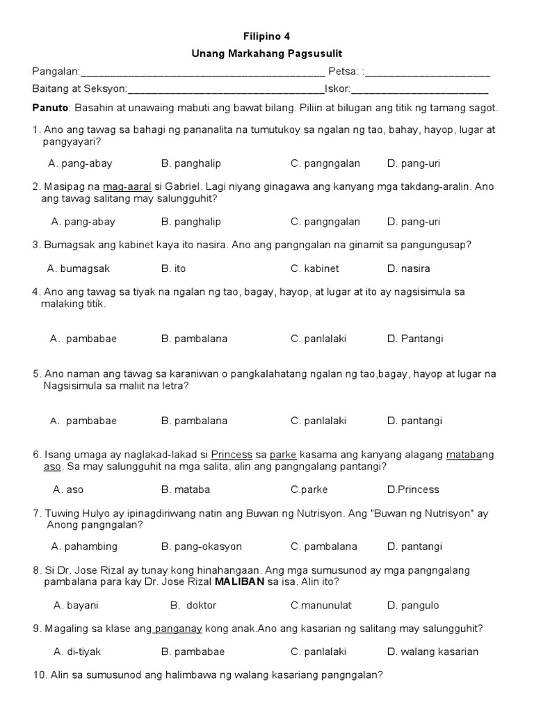 1st Periodical Test in Filipino 4 | PDF