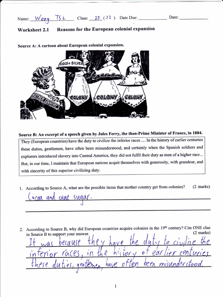 Topic 6 Worksheet 2.1 Reasons For European Colonial Expansion | PDF