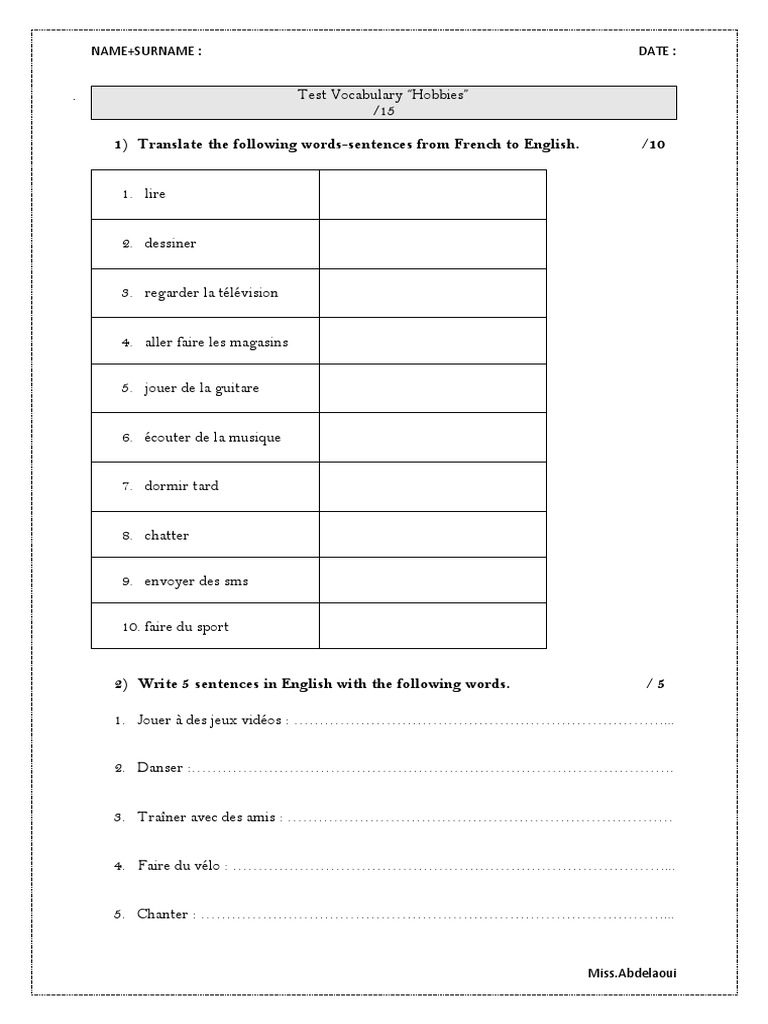1) Translate The Following Words-Sentences From French To English. /10 ...