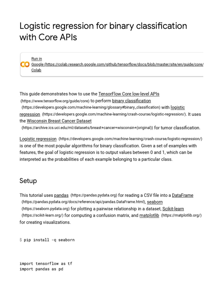 Logistic Regression For Binary Classification With Core Apis Tensorflow Core Pdf Linear 