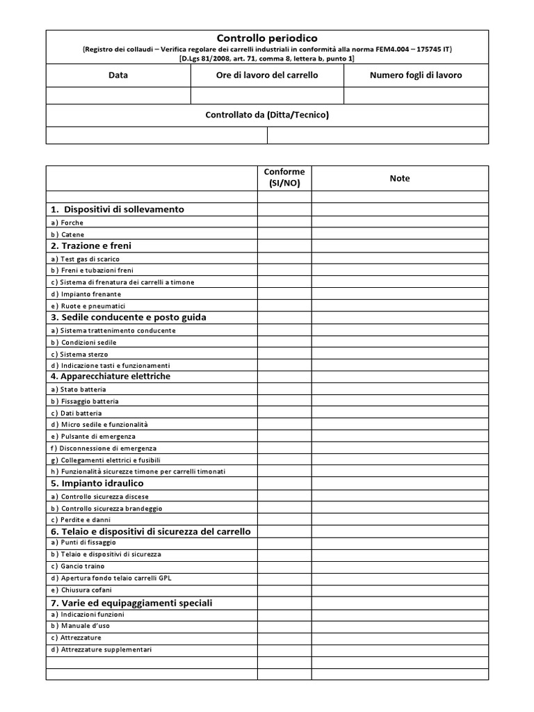 Checklist Controllo Periodico Carrelli Industriali | PDF