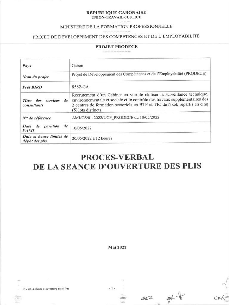 PV Ouverture Des Plis Recrutement Mission de Contrôle Pour Travaux Supplémentaires 20.05.22 | PDF