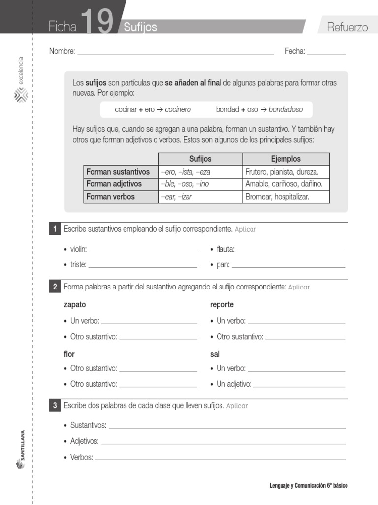 Sufijos en Lenguaje 6° Básico | PDF | Mecánica del lenguaje | Ciencia ...